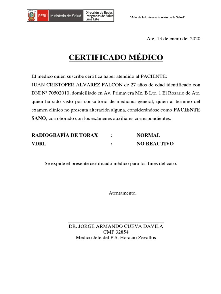 Oficio Certificado Medico 2020 | PDF