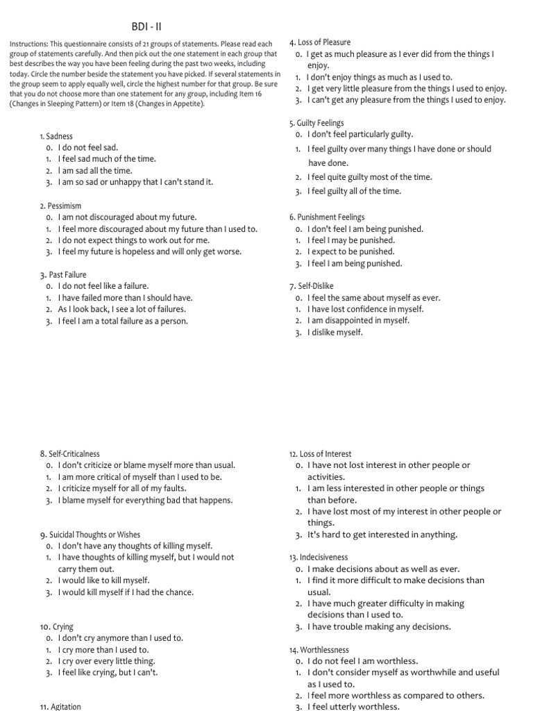 Beck Depression Inventory Guide | PDF
