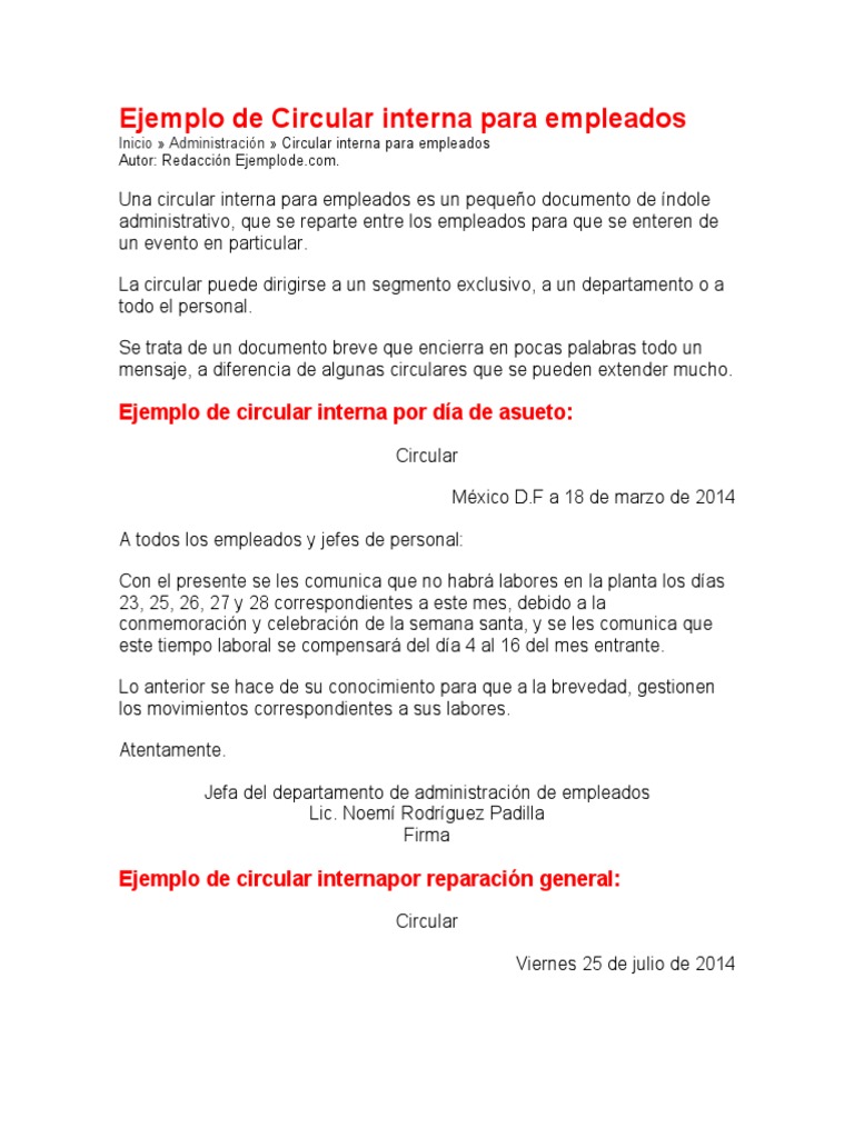 Ejemplo de Circular Interna para Empleados | PDF | Negocios