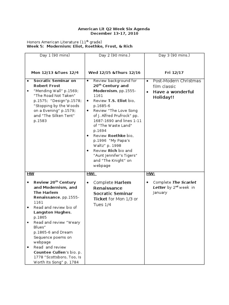 Honors American Lit Week 6 Agenda | PDF