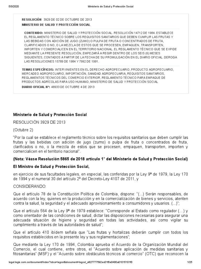 Reglamento Técnico Resolución 3929 de 2013 | PDF | Decapado | Alimentos