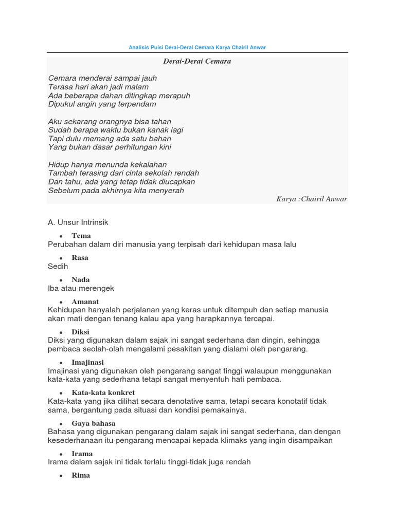 Analisis Puisi Derai-Derai Cemara Karya Chairil Anwar. | PDF