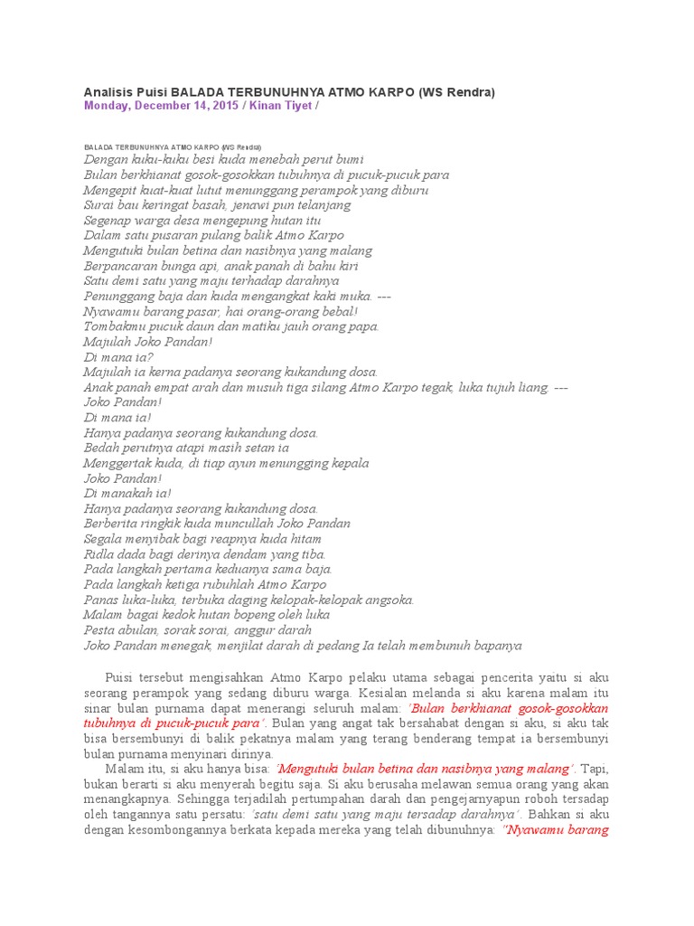 Analisis Puisi BALADA TERBUNUHNYA ATMO KARPO | PDF