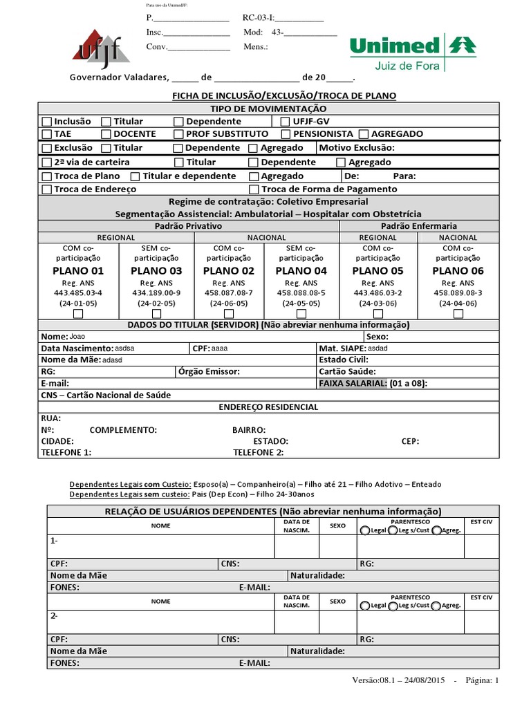 Formulário Inclusão Ao Plano de Saúde e Termo de Compromisso e Débito Automático - V8.1 ...