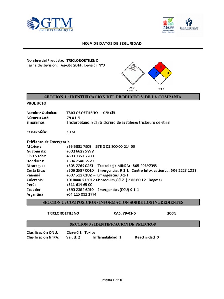 MSDS Tricloroetileno | PDF | Hidrógeno | Agua