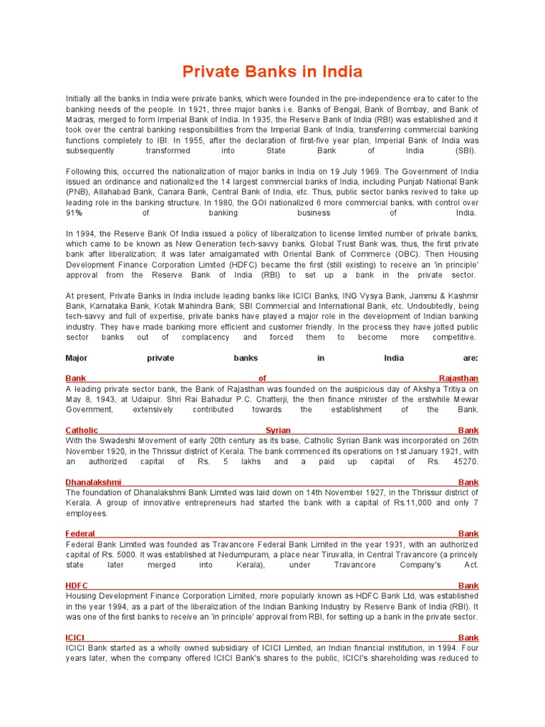 Private Banks in India | PDF | Banks | Banking