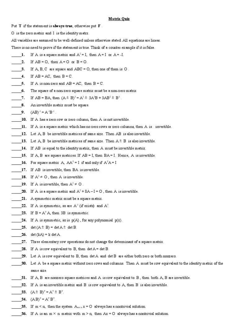 38 - Matrix True False | PDF | Matrix (Mathematics) | System Of Linear ...
