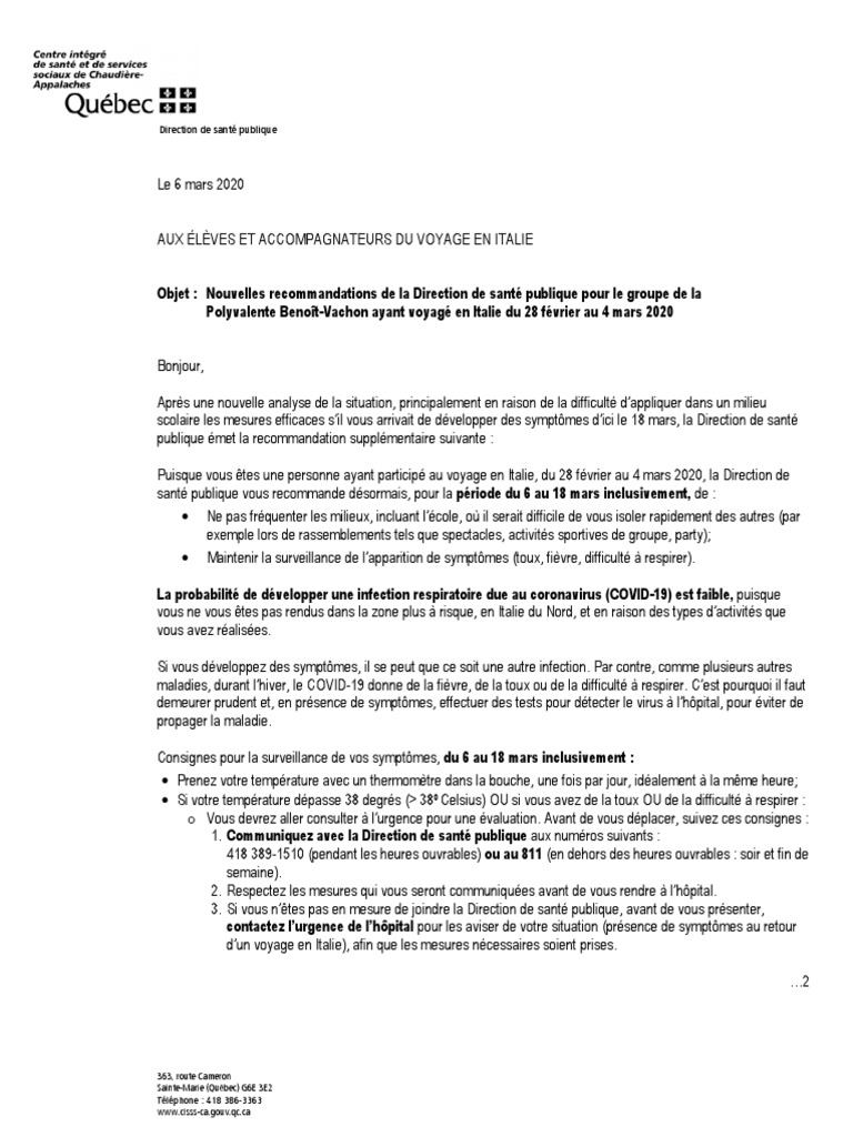 Lettre du CIUSSS aux élèves et accompagnateurs | Infection | Santé ...