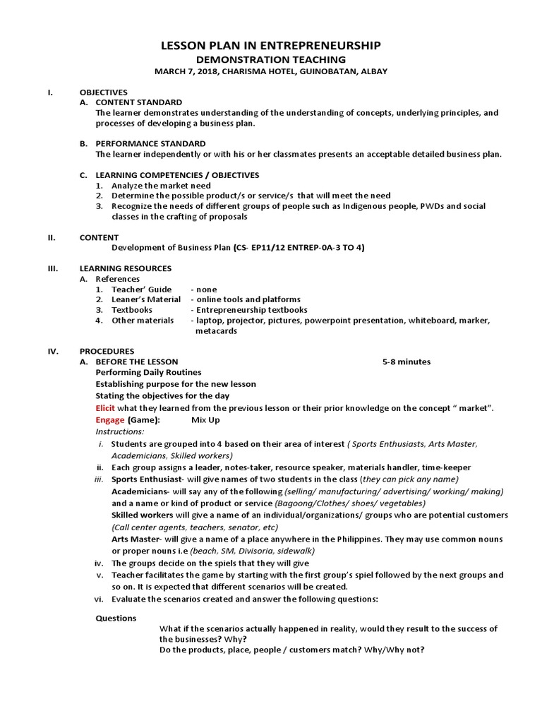 Entrepreneurship Lesson Plan Overview | PDF | Lesson Plan | Learning