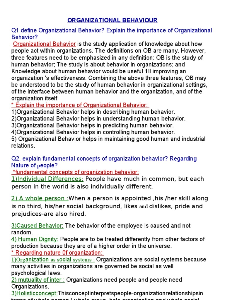 Organizational Behavior: Q1.define Organizational Behavior? Explain The ...