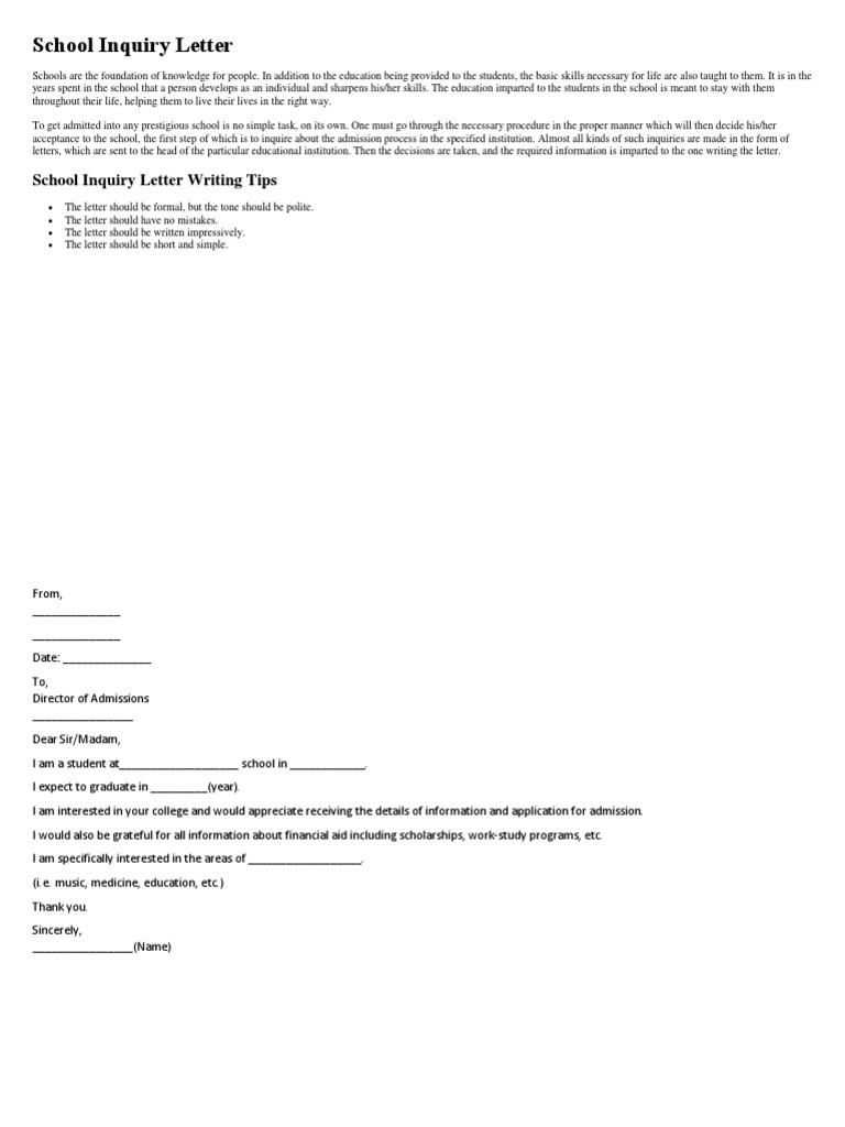 School Inquiry Letter | Download Free PDF | University And College ...