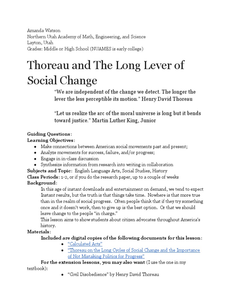 Lesson Plan | PDF | Henry David Thoreau | Civil Disobedience