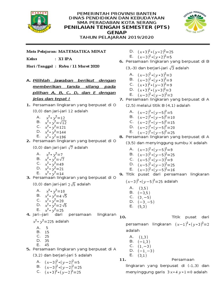 Soal Pts Matematika Peminatan Kelas 11 | PDF