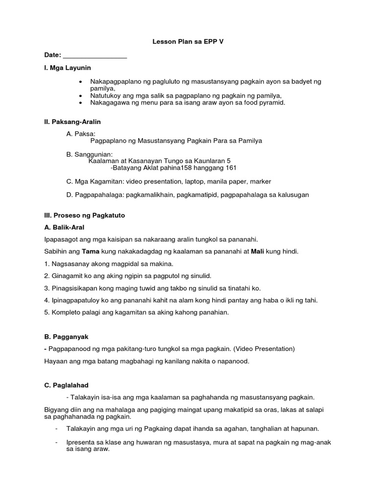 Lesson Plan in EPP Pagluluto NF Masustansyang Pagkain | PDF