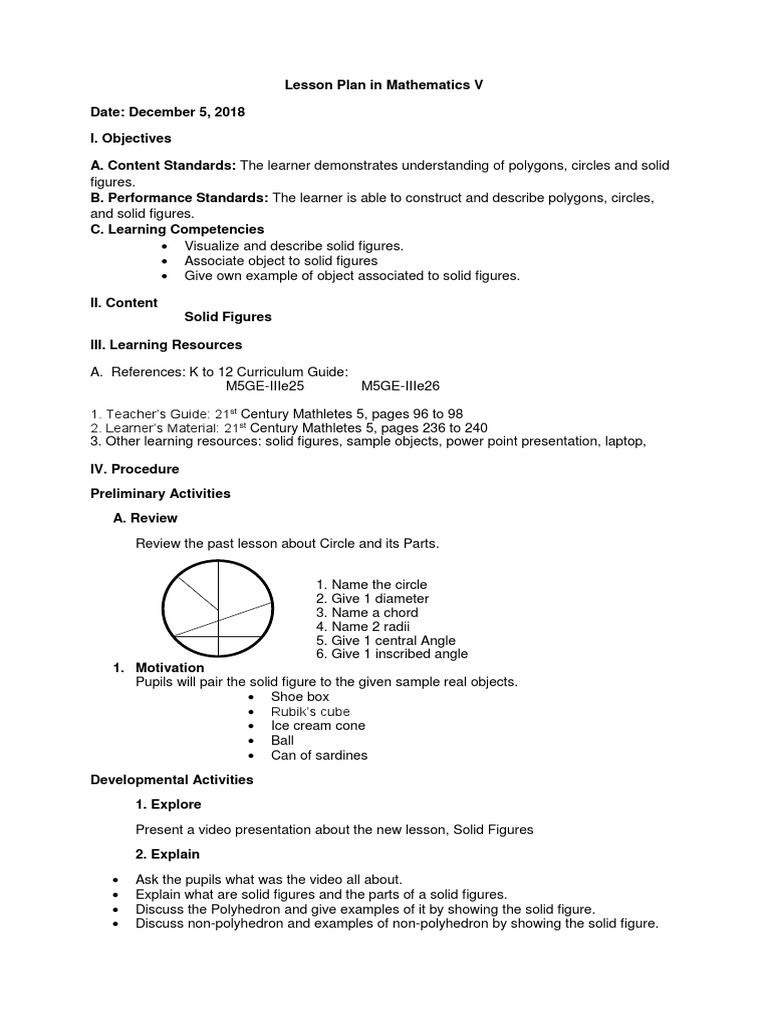Solid Figures Lesson Plan for Grade 5 | PDF | Geometric Shapes ...