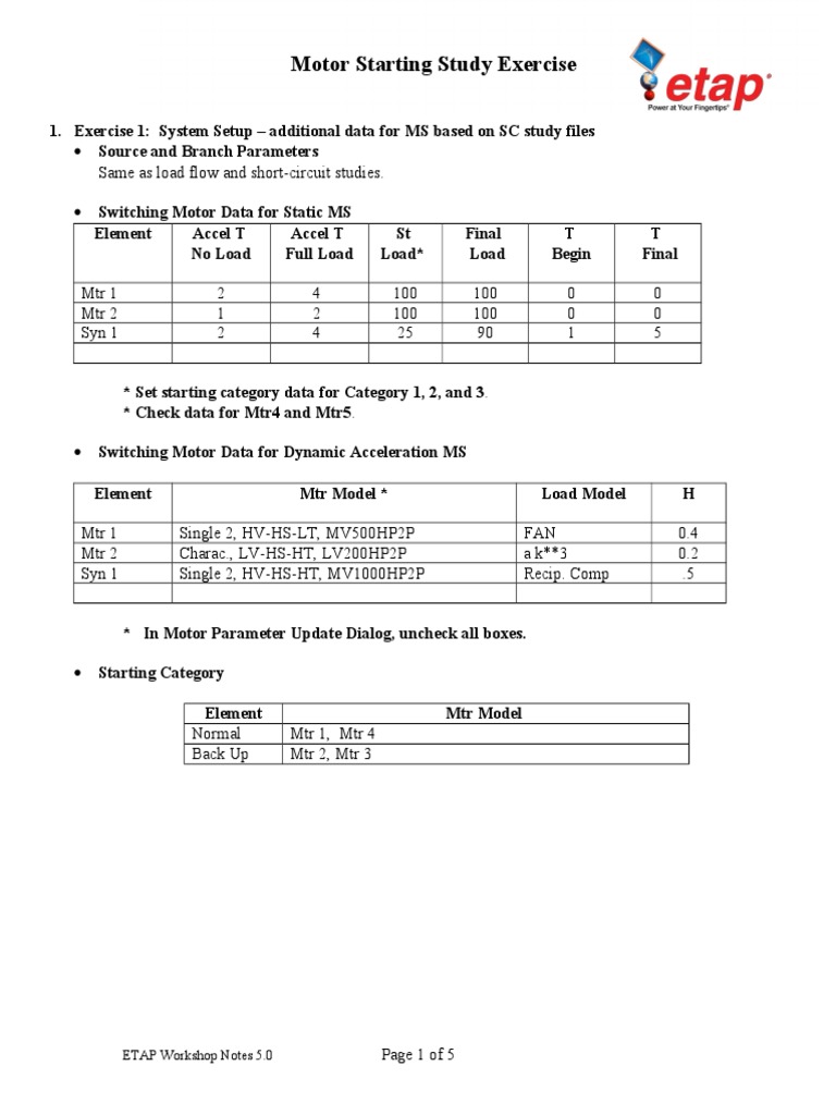 Motor Starting Study Exercise ETAP PDF | PDF | Switch | Simulation
