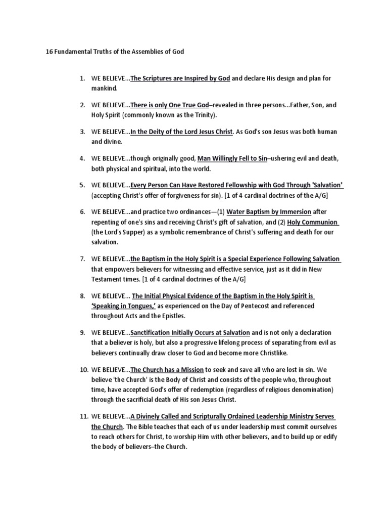 16 Fundamental Truths of The Assemblies of God PDF | PDF | Baptism ...