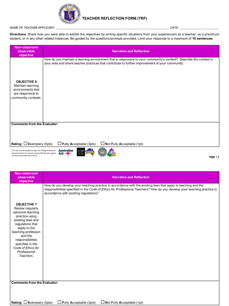 Teacher Reflection Form (TRF) | PDF | Teachers | Education Theory