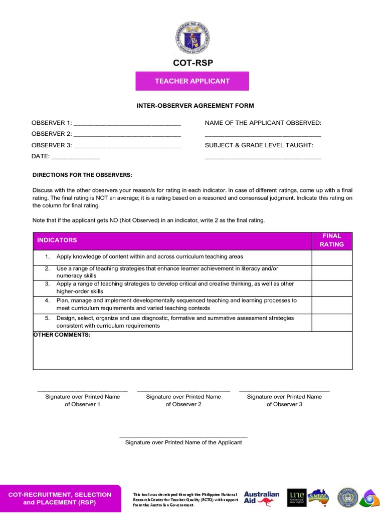 COT-Recruitment Inter-Observer Agreement Form | PDF | Curriculum ...