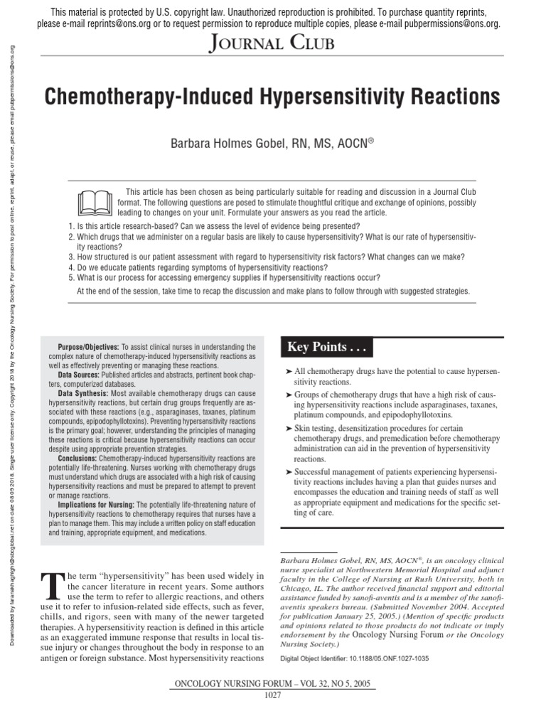 Chemotherapy Induced Hypersensitivity Reaction | PDF | Chemotherapy ...