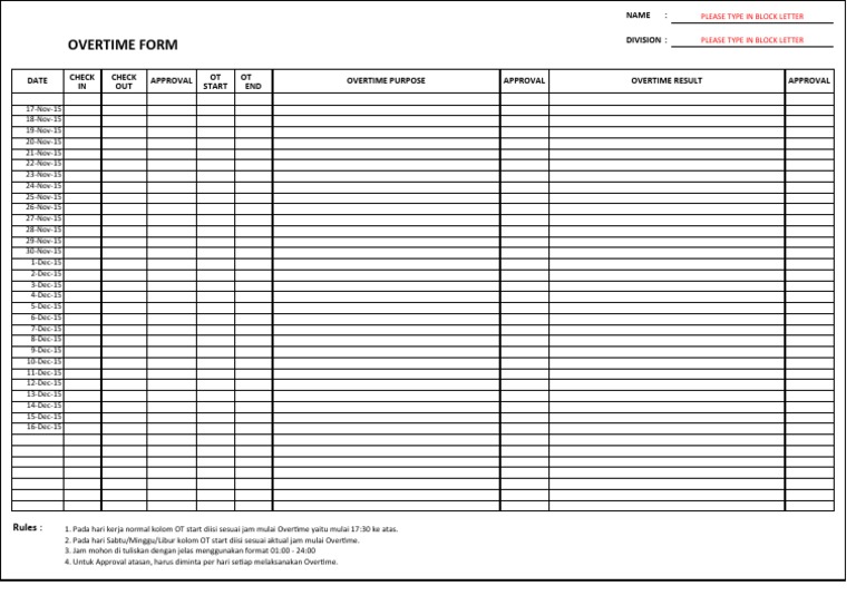 Format Formulir Overtime Karyawan | PDF