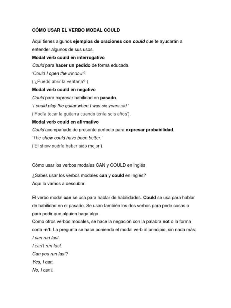 Uso del verbo modal "could" en inglés | PDF