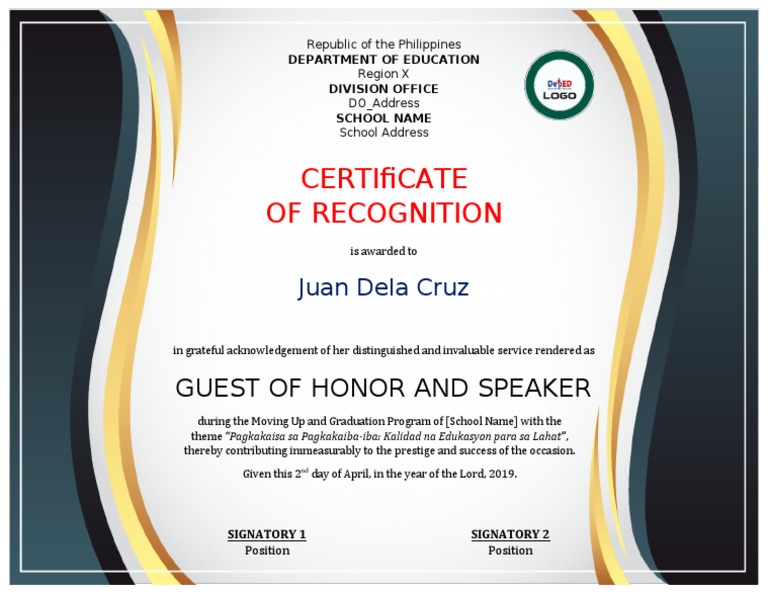 Certificate of Recognition For Guest of Honor and Speaker Sample | PDF
