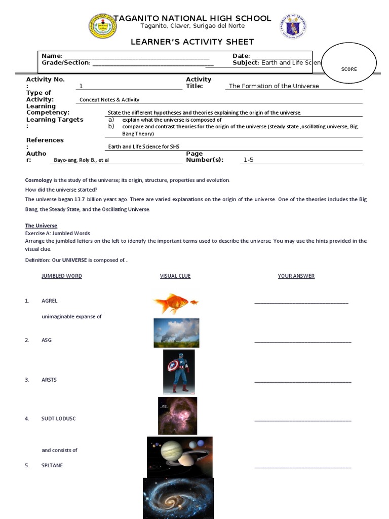 ES Learner's Activity Sheet 1 | PDF | Big Bang | Universe