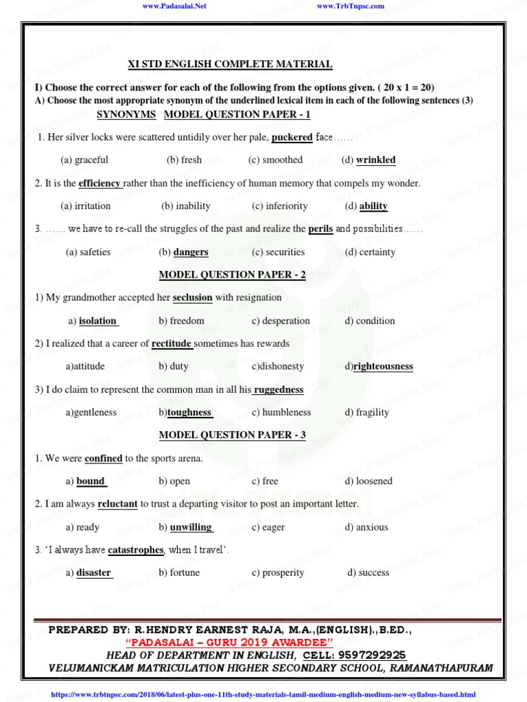 XI English Synonyms Study Guide | PDF