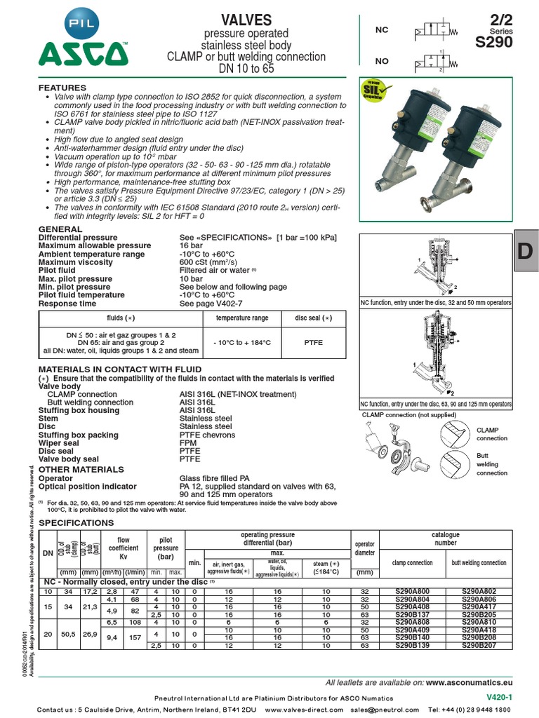 Series S290 - ASCO Pressure Operated Clamp or Butt Welding | PDF ...