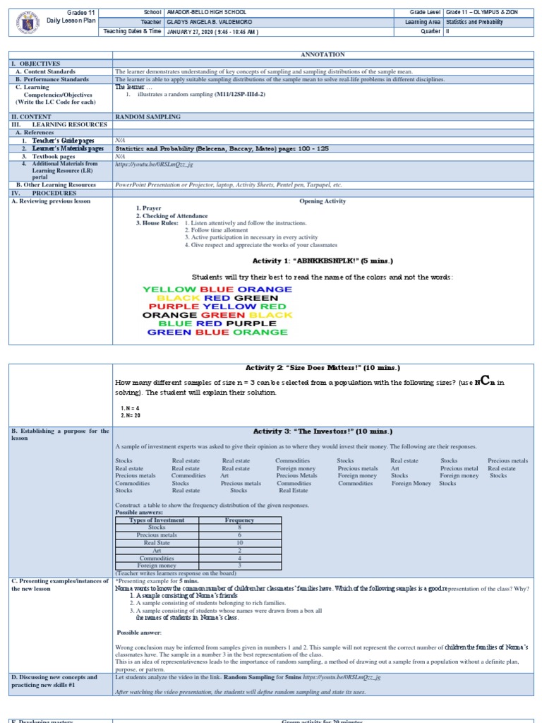COT 1 RANDOM Sampling Final | PDF | Lesson Plan | Sampling (Statistics)
