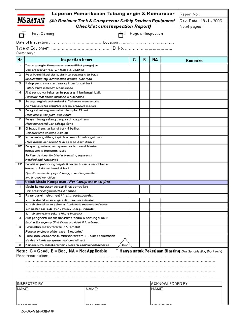 Compressor Inspection Checklist | PDF | Gas Technologies | Gases Compressor Inspection Checklist | PDF | Gas Technologies | Gases