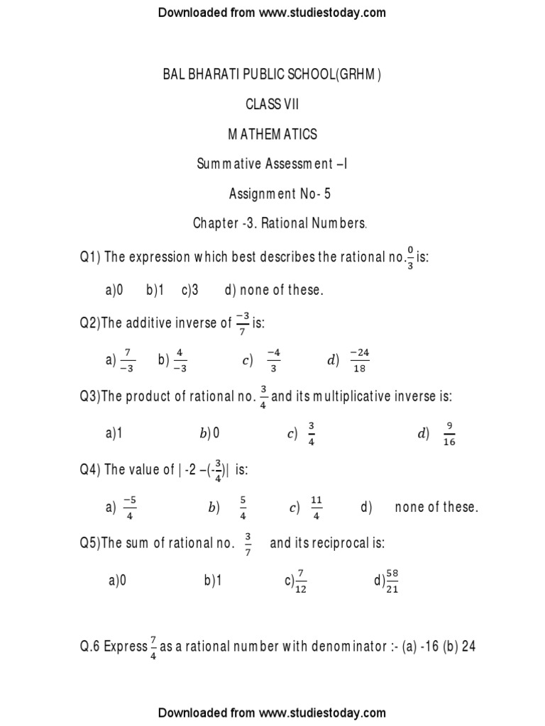 Rational Numbers Worksheet