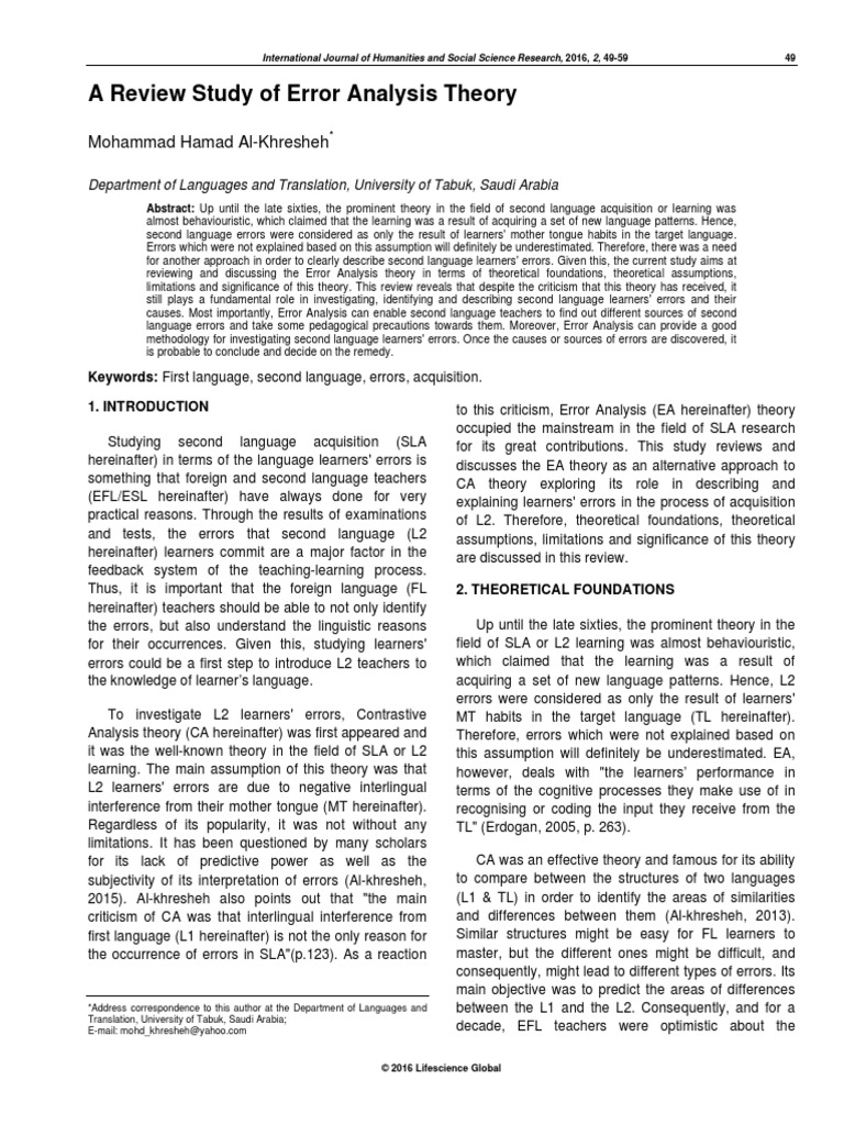 A Review Study of Error Analysis Theory | PDF | Second Language ...