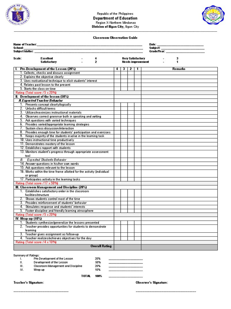 Classroom Observation Guide Deped | PDF | Classroom Management | Teachers