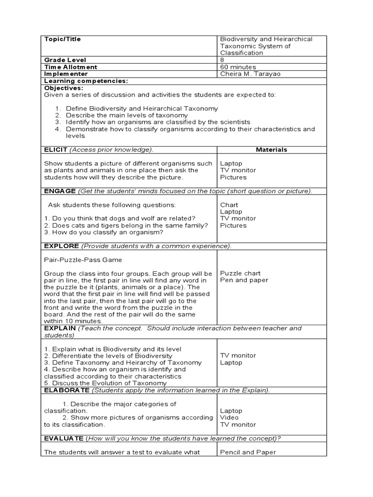 Lesson Plan No.7 Biodiversity | PDF | Taxonomy (Biology) | Hierarchy