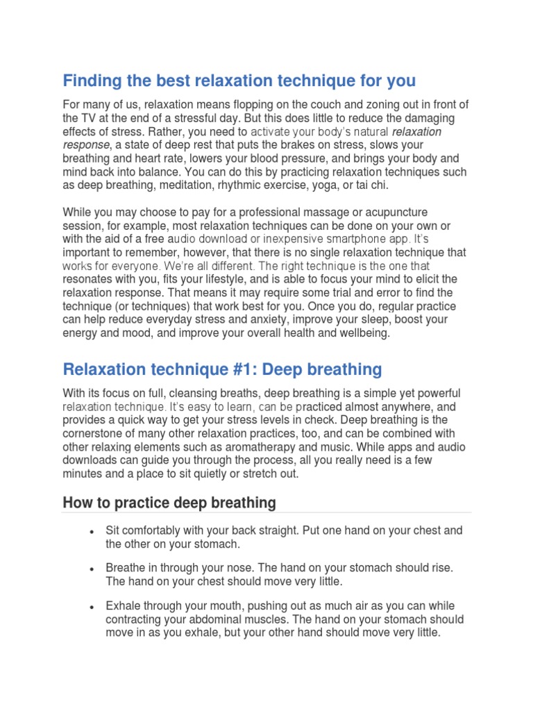 Relaxation Techniques | PDF | Relaxation (Psychology) | Breathing
