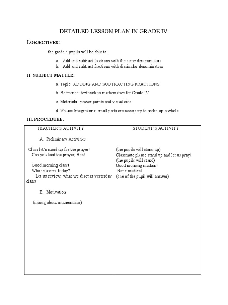Detailed Lesson Plan in Grade Iv | PDF | Fraction (Mathematics ...