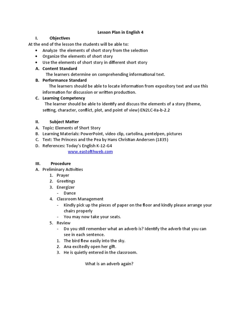 Lesson Plan in English 4 (Elements of Short Story) Demicah | PDF ...