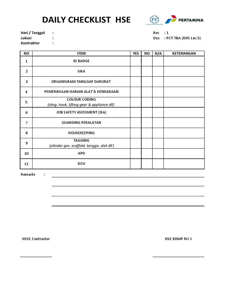 Daily Checklist Safety Contractor - PP PDF | PDF