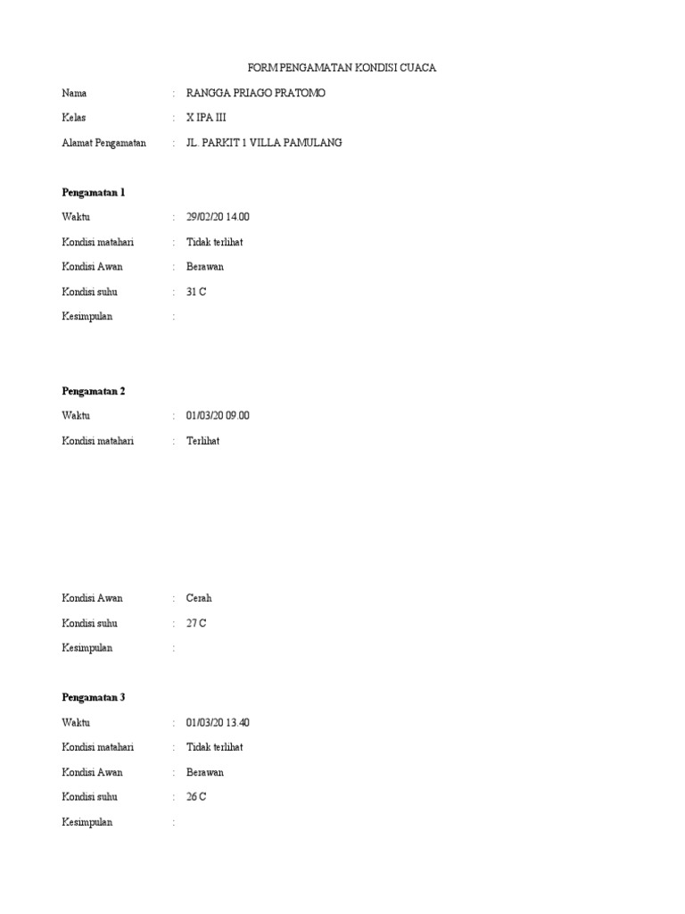 Form Pengamatan Kondisi Cuaca | PDF