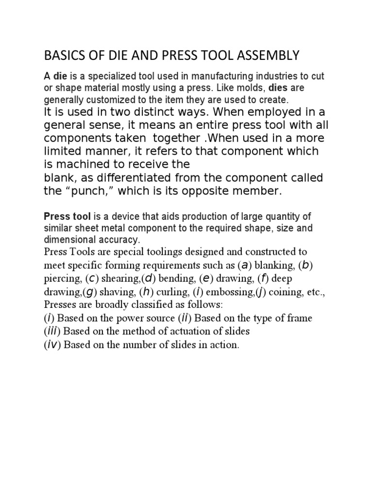 Basics of Die and Press Tool Assembly | PDF | Sheet Metal | Steel