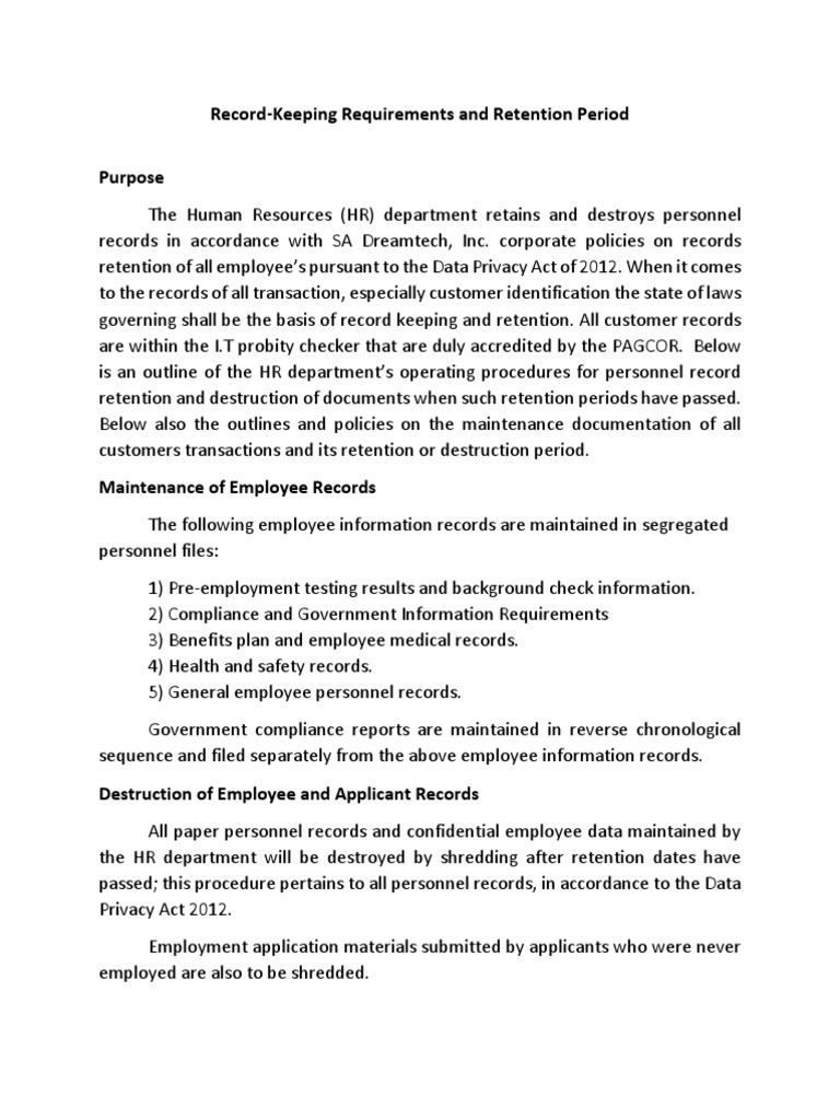 HR Record-Keeping and Retention Policies | PDF | Records Management ...