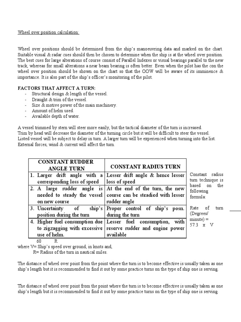 Wheel Over Position Calculation PDF | PDF | Rudder | Ships