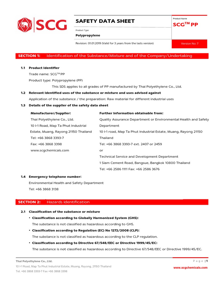 SDS - SCG PP - Polypropylene (EN) Rev.07 | PDF | Firefighting | Waste ...