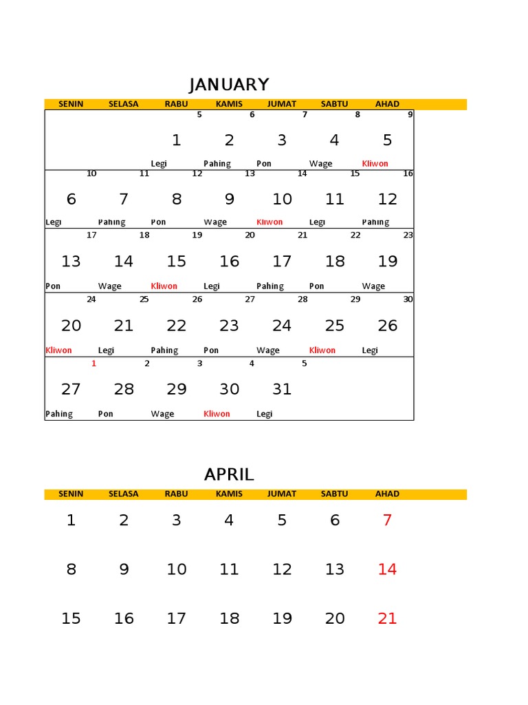 Monthly calendars showing the Javanese calendar system for the months ...
