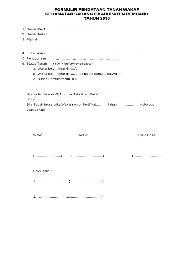 Form Pendataan Wakaf 2016 | PDF