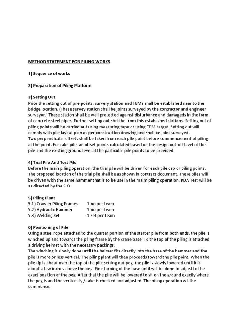 Method Statement For Piling Works PDF | PDF | Deep Foundation | Surveying