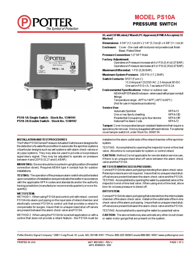 Pressure Switch CAtalog PDF | PDF | Switch | Fire Sprinkler System