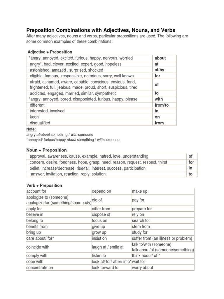 Preposition Combinations With Adjectives | PDF | Noun | Preposition And ...